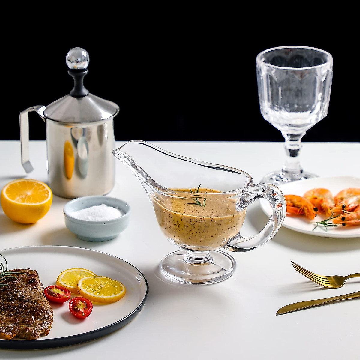 Classic Glass Gravy Boat with Handle, 10 oz Gravy Boat with Large Pour and Fewer Drips, Gravy Bowl Serving for Dining Holiday, Chrismas, Meals Party, Handmade Restaurant Kitchen Salad Dressing