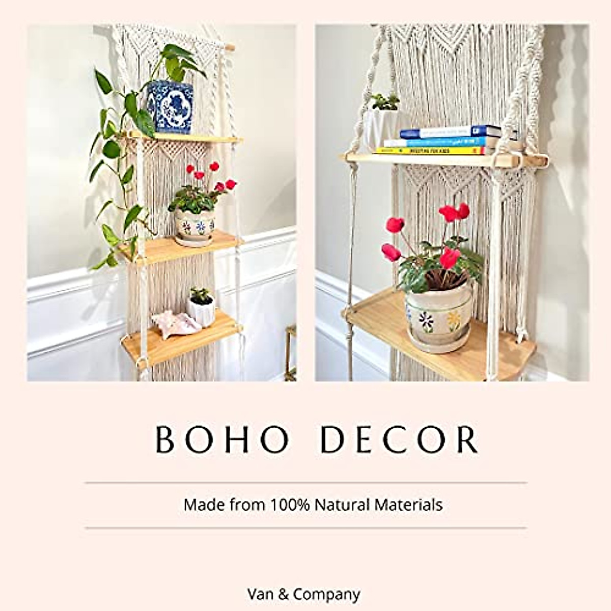 Van & Company 3 Tier Handmade Macrame Wall Hanging Shelf Includes 3 1.5cm Polished Wooden Shelves, Decorative Hand Made Roped Boho Shelving for Plants etc