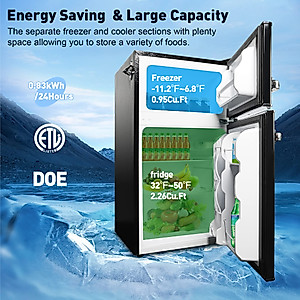 E-Macht 3.2 Cu.Ft Small Refrigerator with Freezer, 2 Door Black Mini Fridge, Energy Saving, Adjustable Thermostat Control, Adjustable Legs, Perfect for Apartment/Office/Dorm/Garage