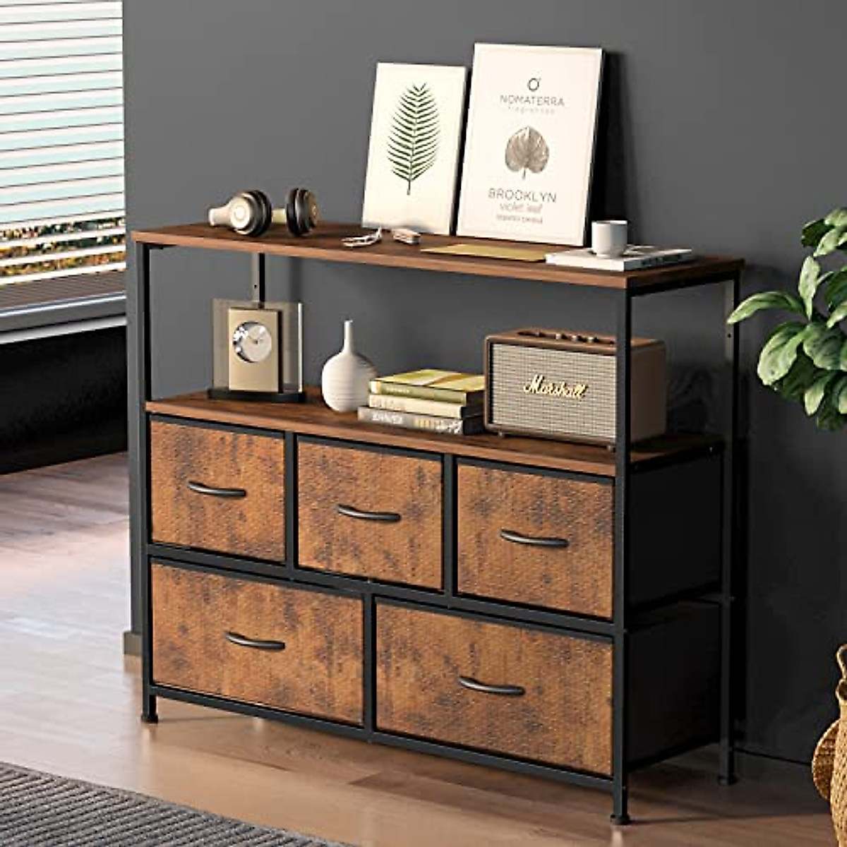Dresser TV Stand, Entertainment Center with 5 Fabric Drawers, Media Console Table for TV with Open Storage Shelf Dresser for Bedroom/Living Room/Hallway Rustic Brown