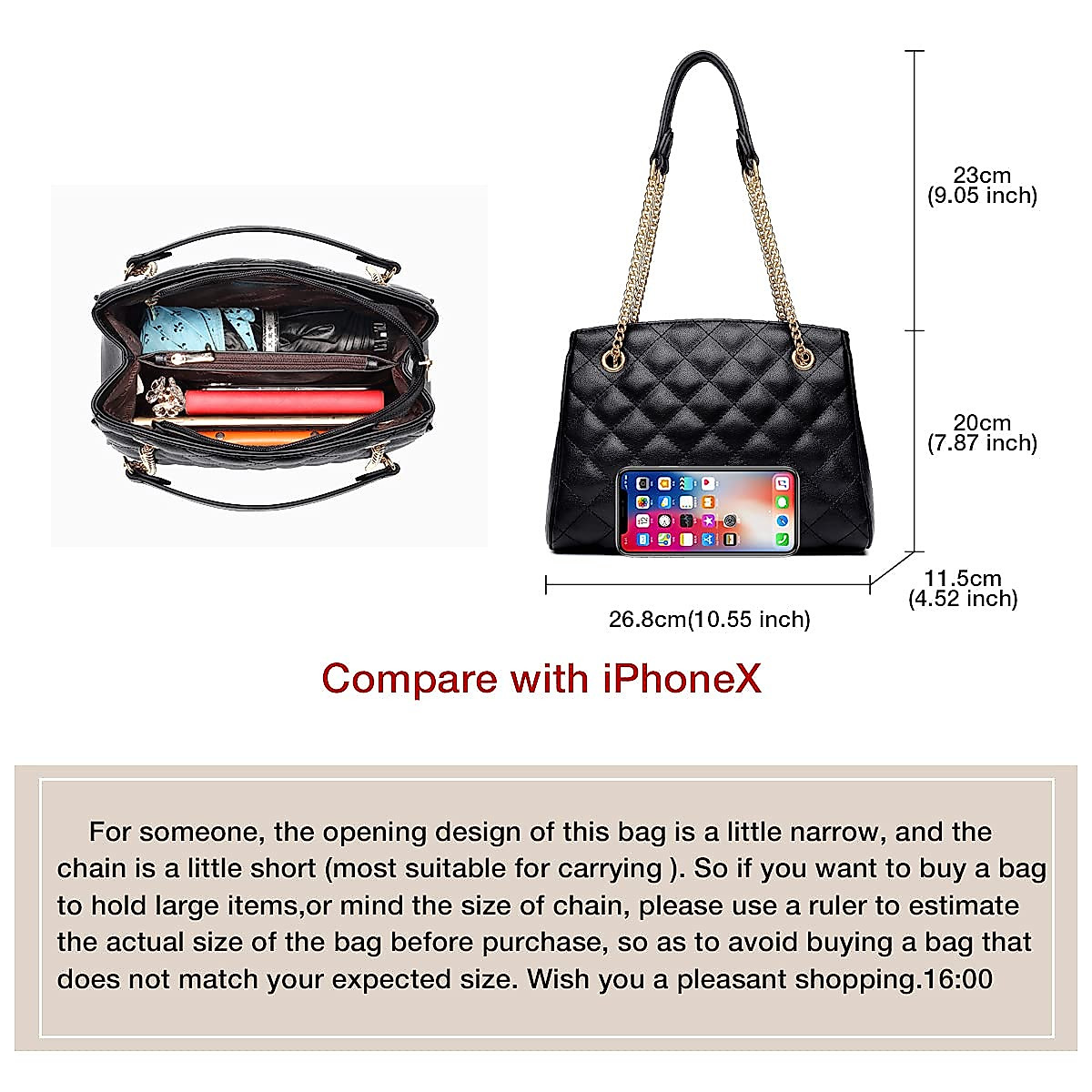 LAORENTOU Cowhide Shoulder Bag for Women Leather Quilted Purses Lady Handbag With Chain Strap