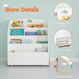 Kid Bookshelf with Wheels, White Wood Bookshelf Display Stand for kids 1 Year Up, Baby Book Shelf/Child Bookshelf/Toddler Bookshelf/Kid Book Display/Book Shelf Case Organizer kid wooden