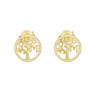 14K Gold Tree of Life Stud Earrings for Women, Real Yellow Gold Life Tree Earrings for Family, Solid Gold Jewelry for Ladies Mom