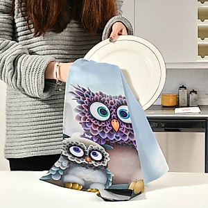 SLHKPNS Purple Owls Kitchen Dish Towel Set of 4, Cartoon Art 18x28in Absorbent Dishcloth Reusable Cleaning Cloths for Household Use