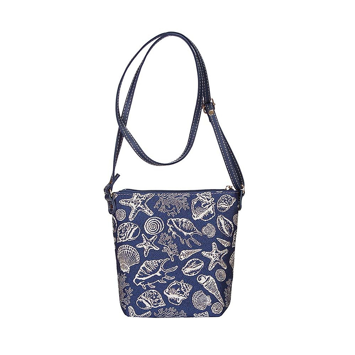 Signare Tapestry Small Crossbody Bag Sling Bag for Women with Navy Blue Sea Shell Design (SLING-SHELL)