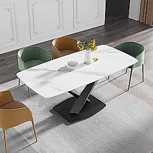 Modern Dining Table, White Sintered Stone Tabletop Dining Table with X-Shaped Solid Carbon Steel Base, 70.8" Rectangular Dining Room Table for 6-8