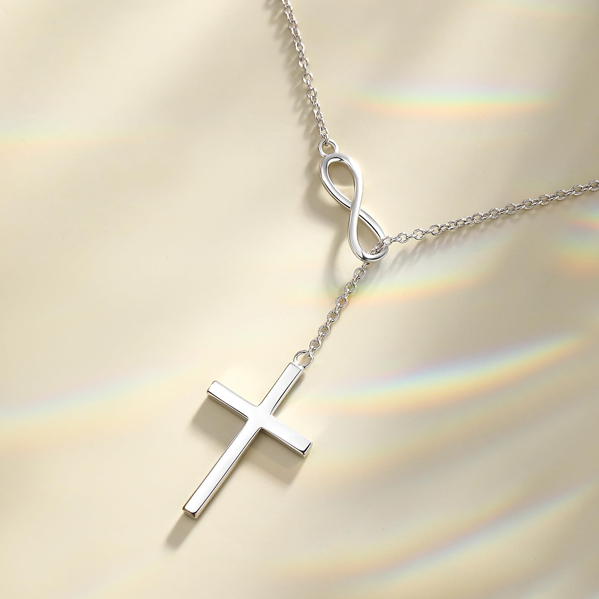 FANCIME White Gold Plated 925 Sterling Silver High Polished Infinity Cross Pendant Lariat Necklace Y Necklace Gift for Women, 18"