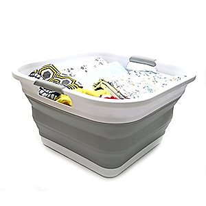 SAMMART 32L Collapsible Plastic Laundry Basket - Square Tub/Basket - Foldable Storage Container/Organizer - Portable Washing Tub - Space Saving Laundry Hamper (1, Grey)