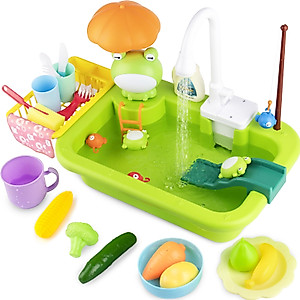 Play Sink with Running Water,Kids Electric Play Kitchen Sink Toys,Toddler Kitchen Sink Toy,Pool Floating Fishing Toys for Water Play-Green