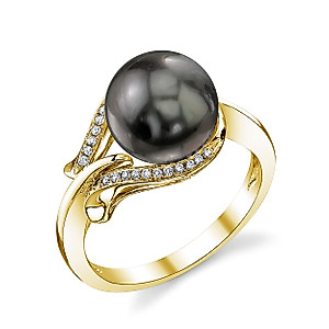 The Pearl Source 14K Gold 9-10mm Round Genuine Black Tahitian South Sea Cultured Pearl & Diamond Willow Ring for Women