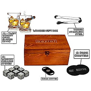 Bezrat Old Fashioned Whiskey Cigar Glasses With Side Mounted Cigar Holder + Whisky Chilling Stones and accessories in Wooden Box - Scotch Bourbon Set for Dad, Husband, Fathers Day, Birthday Gift Set