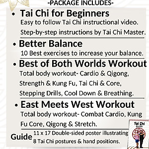 Tai chi DVD for beginners and seniors + Tai chi fit workouts. Qi gong, Balance, Strength, Stretching, Cardio, Breathing & more. Step by step instruction Tai chi exercises for seniors & beginner tai