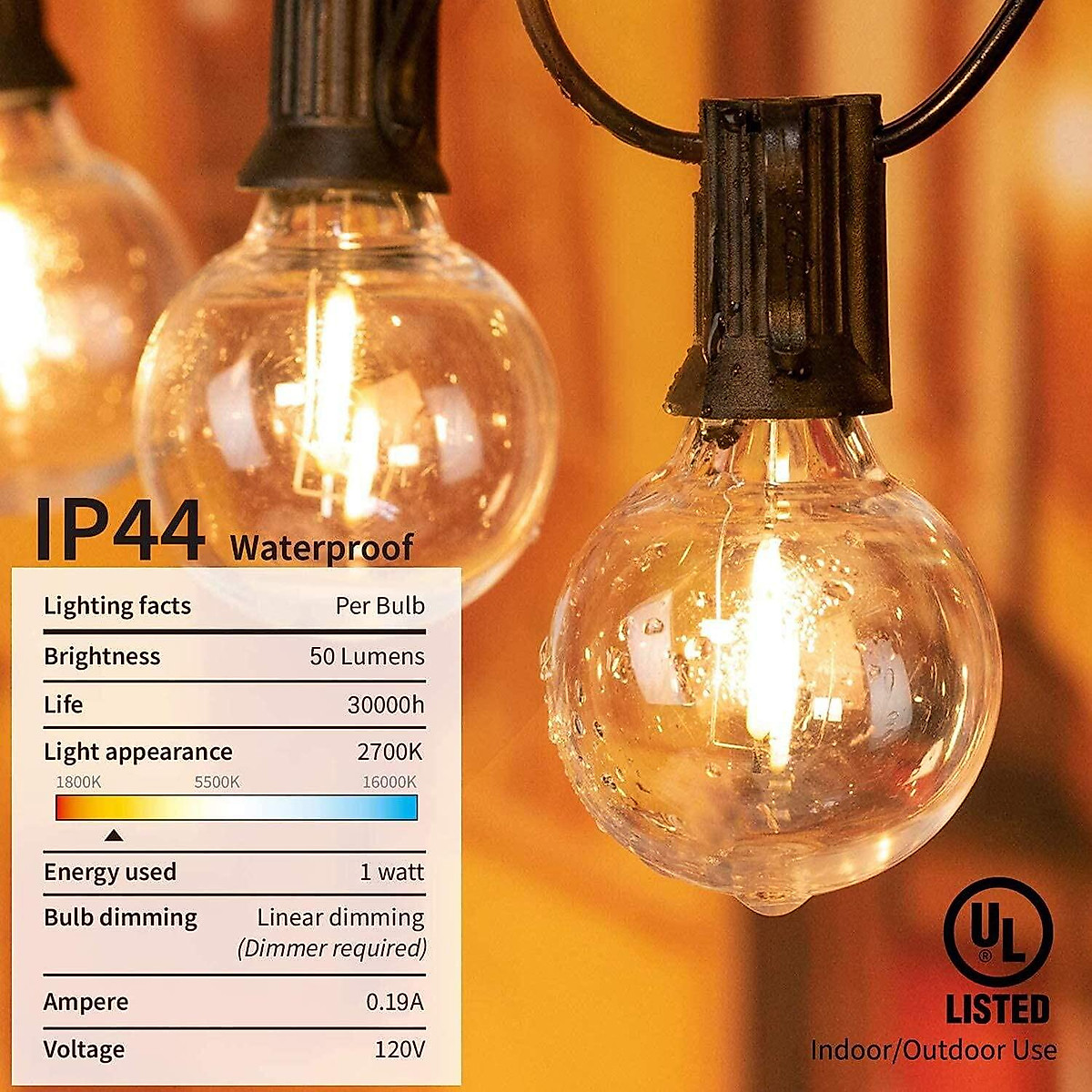 Genixgreen 1W G40 LED Light Bulb 25ft String Light 2700K, E12 Socket Outdoor Replacement Light Bulbs for Cafe Bistro Backyard Garden Indoor Outside Patio, Pack of 25