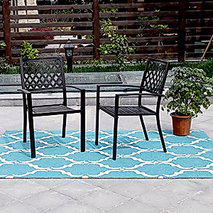 MFSTUDIO Black Metal Patio Stacking Chairs Wave Back Indoor Outdoor Dining Set Wrought Iron Chair with Arm, Set of 2