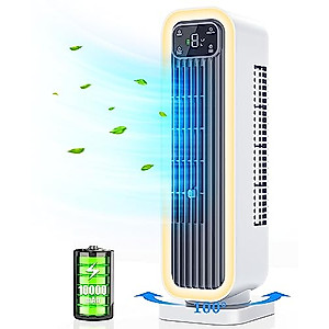 let'me Desk Fan, 14.6 Inch Oscillating Office Fan, 10000mAh Battery Operated Small Quiet Fan with 3 Speeds, 8H Timer and Night Light, Desk Tower Fan for Bedroom Office Home Desktop White