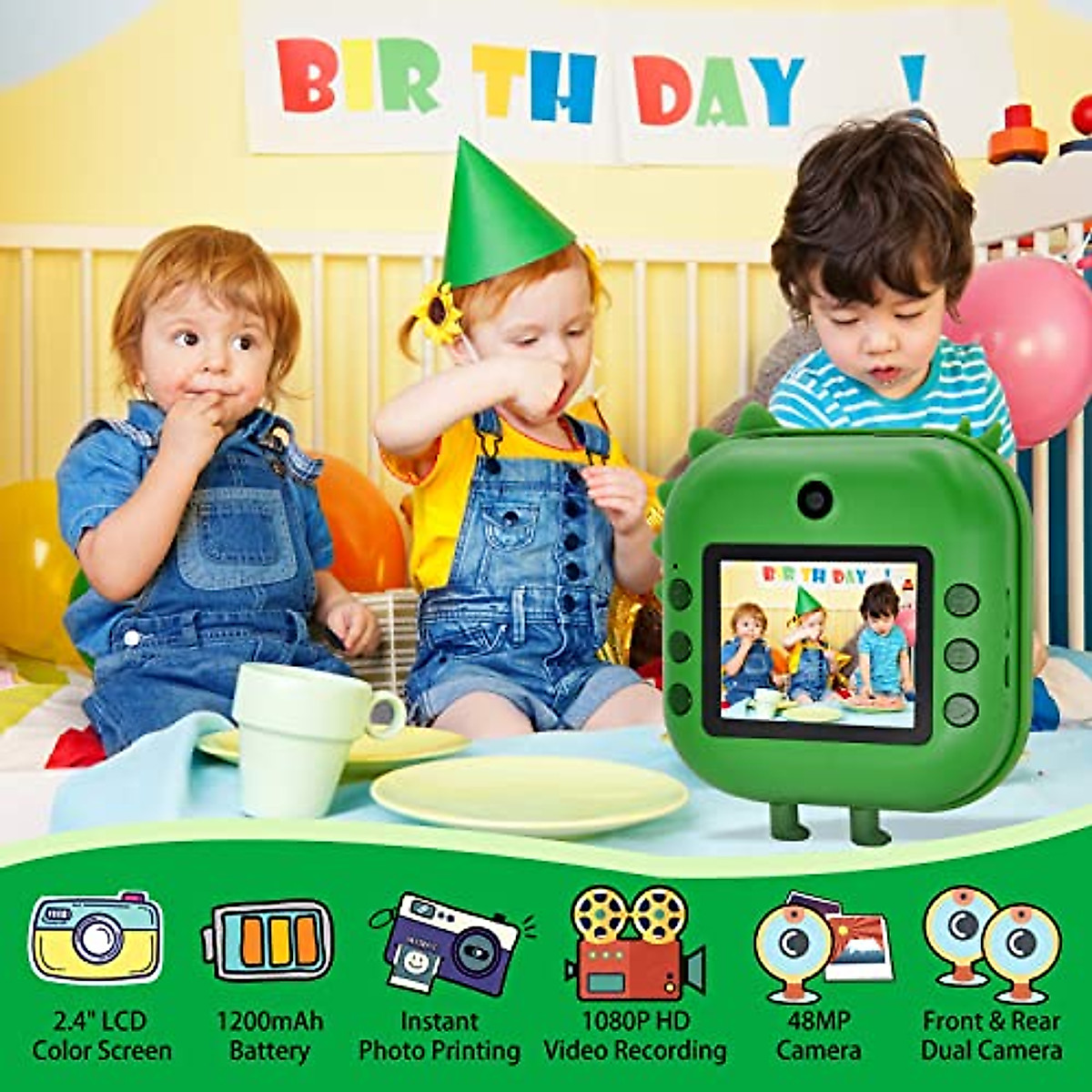 Instant Print Camera for Kids, Zero Ink Kids Camera with Print Paper,Selfie Video Digital Camera with HD 1080P 2.4 Inch Color Screen,3-14 Years Old Children Toy Learning Camera for Birthday, Christmas