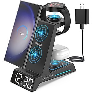 Welgo Wireless Charger for Samsung with Alarm Clock, 4 in 1 Charging Station for Samsung S23 Ultra/S22/Note 10/Z Fold4/Z Flip4/iPhone, for Galaxy Watch 5 Pro/4/3 & Samsung Galaxy Buds