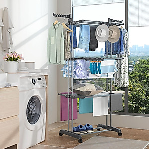 4 Tier Clothes Drying Rack Oversized, Foldable& Adjustable Height Rolling Clothes Rack Stainless Steel with 4 Castor, 24 Drying Poles,14 Hook& 2 Sock Clippers, Drying Rack Clothing for Indoor& Outdoor