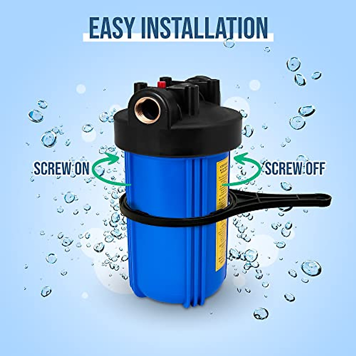 High Capacity 10 x 4.5-Inches Blue Whole House Water Filter Purifier System with Presser Relief Button, 1” Inlet/Outlet Brass Port & Yearly Supply (4) Polypropylene Sediment Cartridges 5 Micron