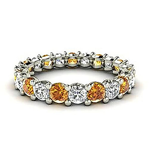 2 1/2 CT Round Shape Simulated Orange Citrine & White Cubic Zirconia Eternity Wedding Engagement Band Ring in 14K White Gold Plated 925 Sterling Silver (2.50 Cttw) Ring Size - 6