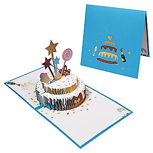 Magic Ants Pop Up Happy Birthday Card,3D Birthday Popup Cards,Birthday Cake Funny Postcards Pop Up Greeting Cards,Pop Up Birthday Cards for Women Men (Stars Birthday Cake - Blue)