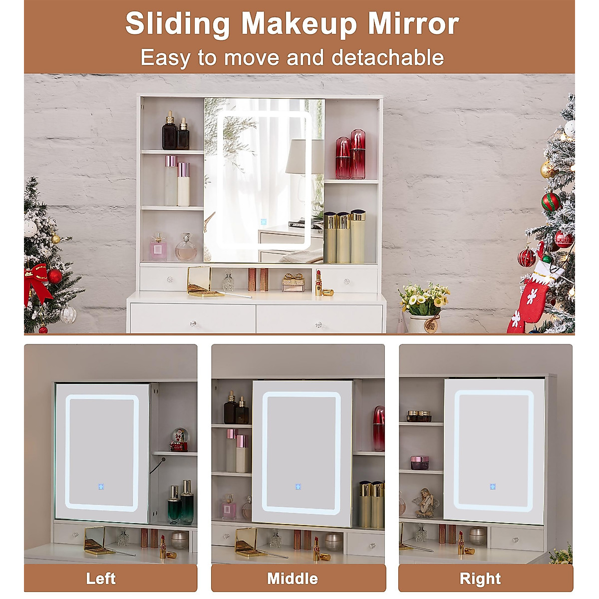 BEWISHOME Vanity Desk, White Vanity with Charging Station & Nightstand, Makeup Desk Makeup Vanity with Lights with 3 Colors Modes, Makeup Table Vanity Table with Sliding Mirror Dressing Table FST19W