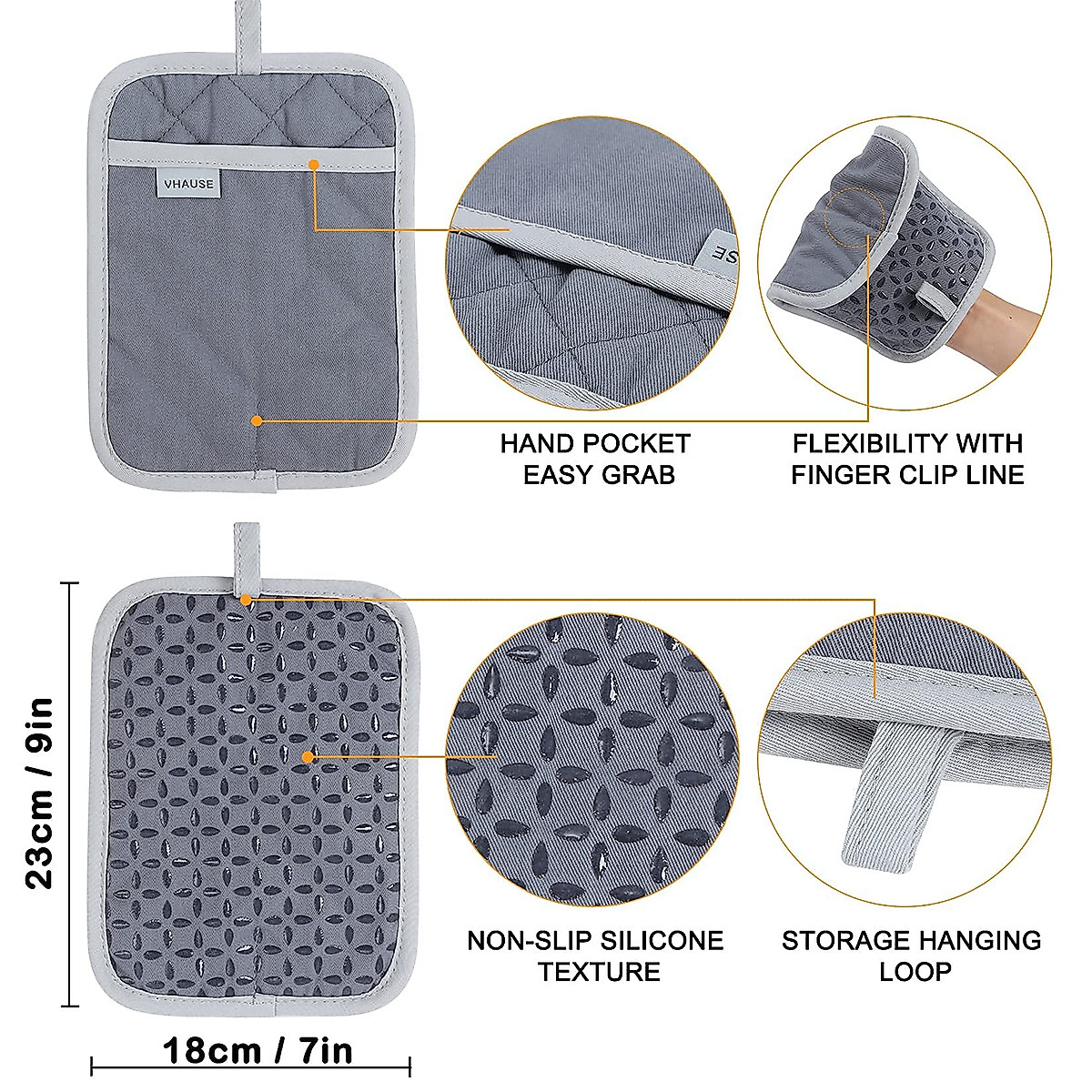 VHAUSE Pot Holders with Pocket Set of 4 - Soft Cotton Hot Pads with Non-Slip Silicone Grip and Hanging Loop - Heat Resistant Kitchen Potholders Trivet Mats for Hot Pots Pans Oven Gray