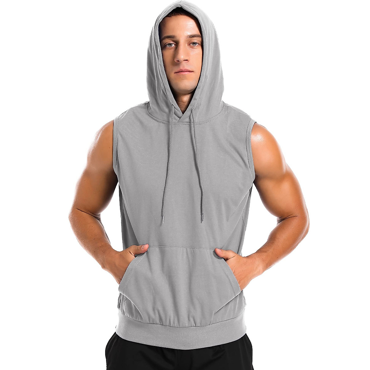 Amussiar Men's Sleeveless Hooded Tanktops Casual Vest Slim Fit Gyms Bodybuilding Hoodies Vest Grey