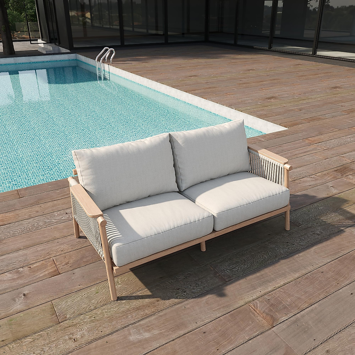 Acanva Modern All-Weather Aluminum Outdoor Patio Sofa with Thick Cushions, Olefin Fabric Sunroom Backyard Furniture, Light Khaki, Loveseat