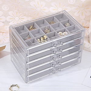 misaya Earring Jewelry Organizer with 5 Drawers, Birthday and Christmas Gift, Clear Acrylic Jewelry Box for Women, Velvet Earring Display Holder for Earrings Ring Bracelet Necklace, Gray