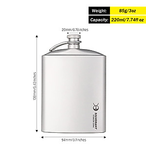 SILVERANT Titanium Hip Flask 220ml/7.74 fl oz, Ultralight Portable Leakproof Pocket Flask Flagon With Screw Cap Clip, Drawstring Cloth Case & Pouring Funnel