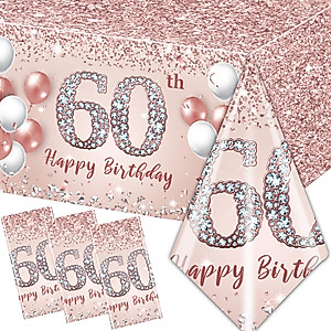 CMUSKO 3 Pack 60th Birthday Tablecloth Decorations for Women, Pink Rose Gold Table Cover Happy 60 Birthday Theme Party Supplies, 60 Year Old Birthday Plastic Rectangular Table Cloth Decor