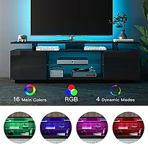 DMAITH Black LED TV Stand for 65 70 75 Inch TV, Modern High Gloss Gaming Entertainment Center with Large Storage Cabinet, TV Media Center with Display Glass Shelves for Living Room, Bedroom