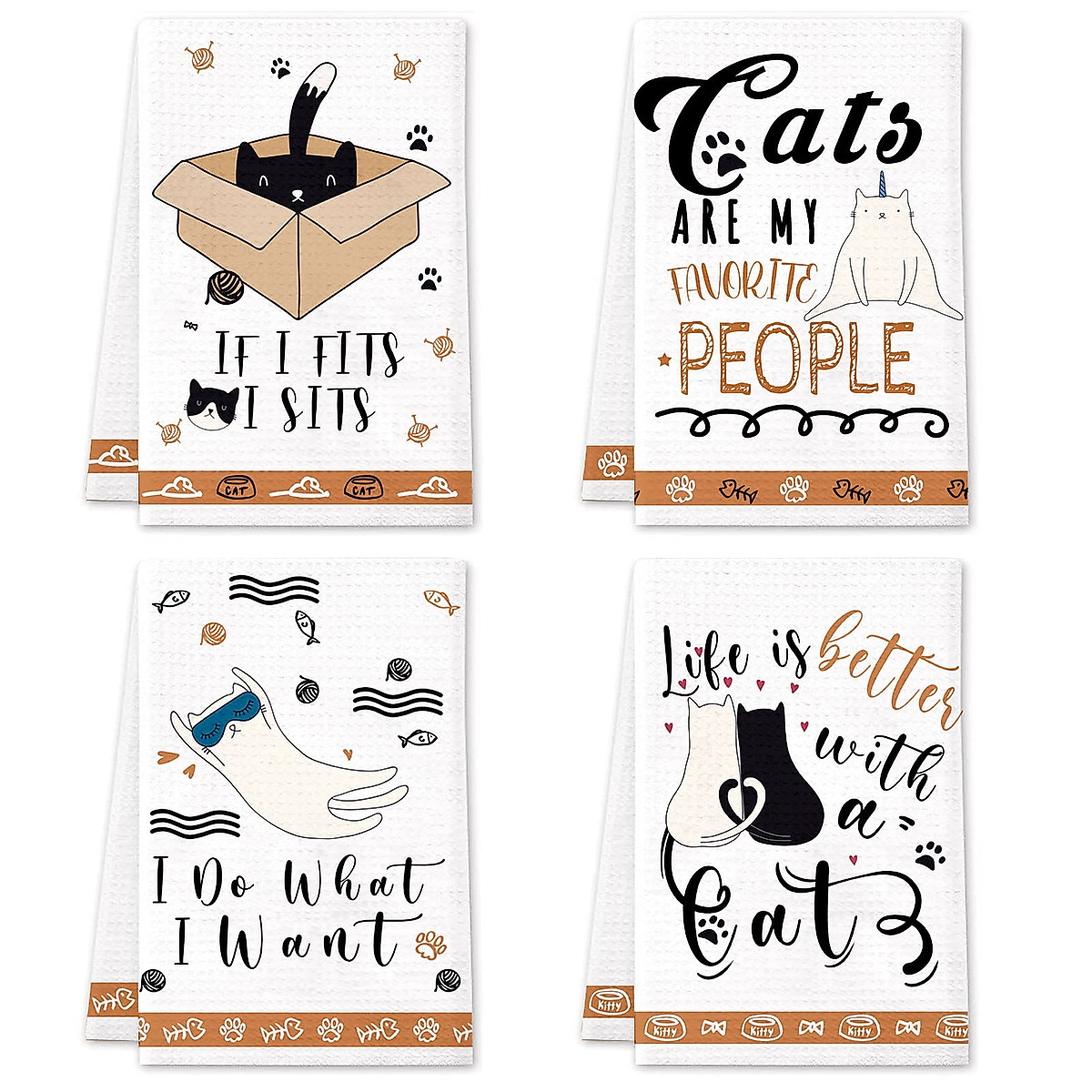 Lebsitey Cat Kitchen Towels Set of 4 Funny Decorative Hand Towels Absorbent Drying Tea Dish Towel for Cooking Baking Home Decorations,16 X 24 inches