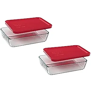 Pyrex 3-Cup Rectangle Food Storage, Pack of 2 Containers, Box of 2, Clear, Red Cover