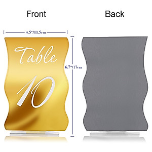 Gold Table Numbers 1-10 with Stands Holders 4.5"x6.7" Wave Elegant Wedding Acrylic Table Numbers Large Modern Mirror Table Number Signs for Party(Gold White Fonts,pack of 10)