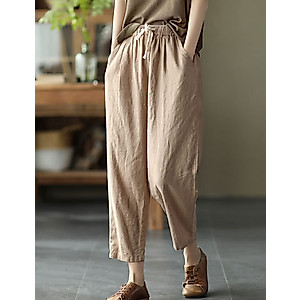Kangqifen Summer Linen Cotton Casual Crop Pants with Drawstring Elastic Waist Pockets for Women Teen Girl(Khaki,00-0)