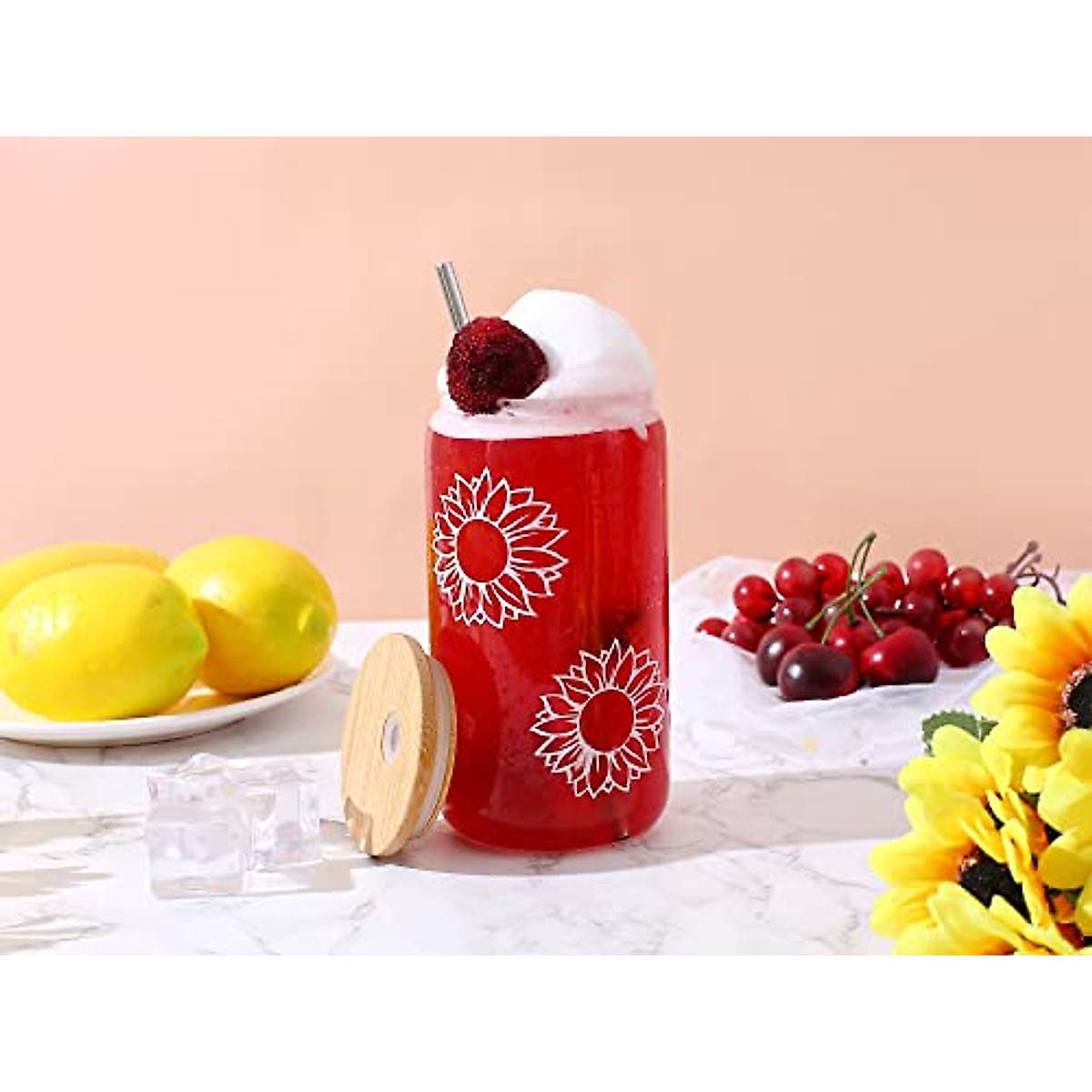 Sunflower Gifts for Women - Sunflower Cup with Bamboo Lids and Straw, Cute Sunflower Cups, Beer Can Shaped Drinking Glass Cup, Inspirational Sunshine Birthday Christmas Gifts for Mom - 16 oz Can Glass