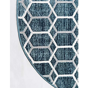 Rugs.com Lattice Trellis Collection Rug – 8 Ft Round Blue Low-Pile Rug Perfect for Kitchens, Dining Rooms