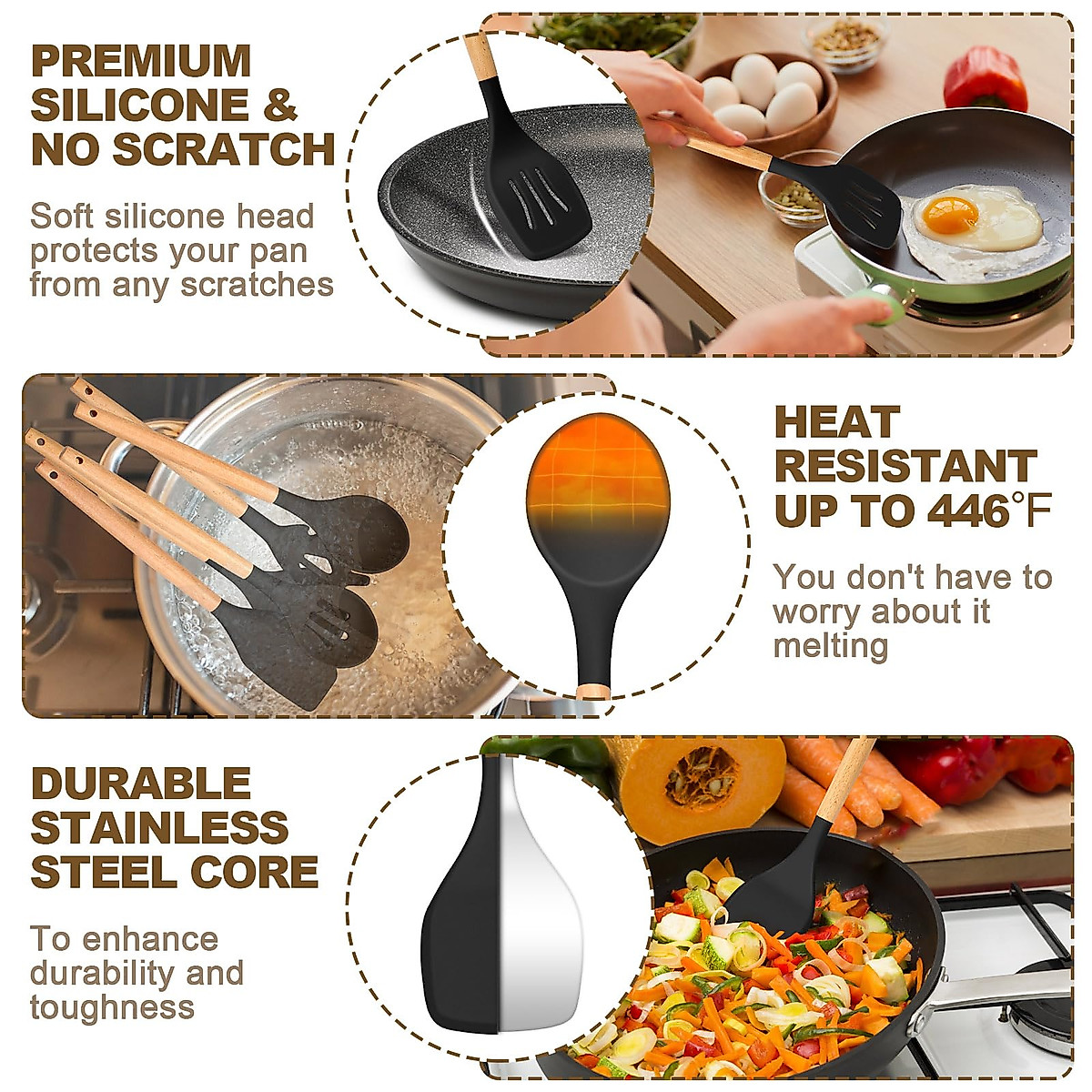 Kitchen Utensils Set, AIKKIL16 Pcs Cooking Utensils Set with Holder, Heat Resistance, Black Wooden Handle Silicone Kitchen Gadgets Utensil Set for Nonstick Cookware