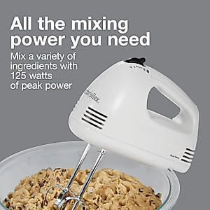 Proctor Silex Easy Mix 5-Speed Electric Hand Mixer with Bowl Rest, Compact and Lightweight, 100 Watts of Peak Power, White (62515PS)
