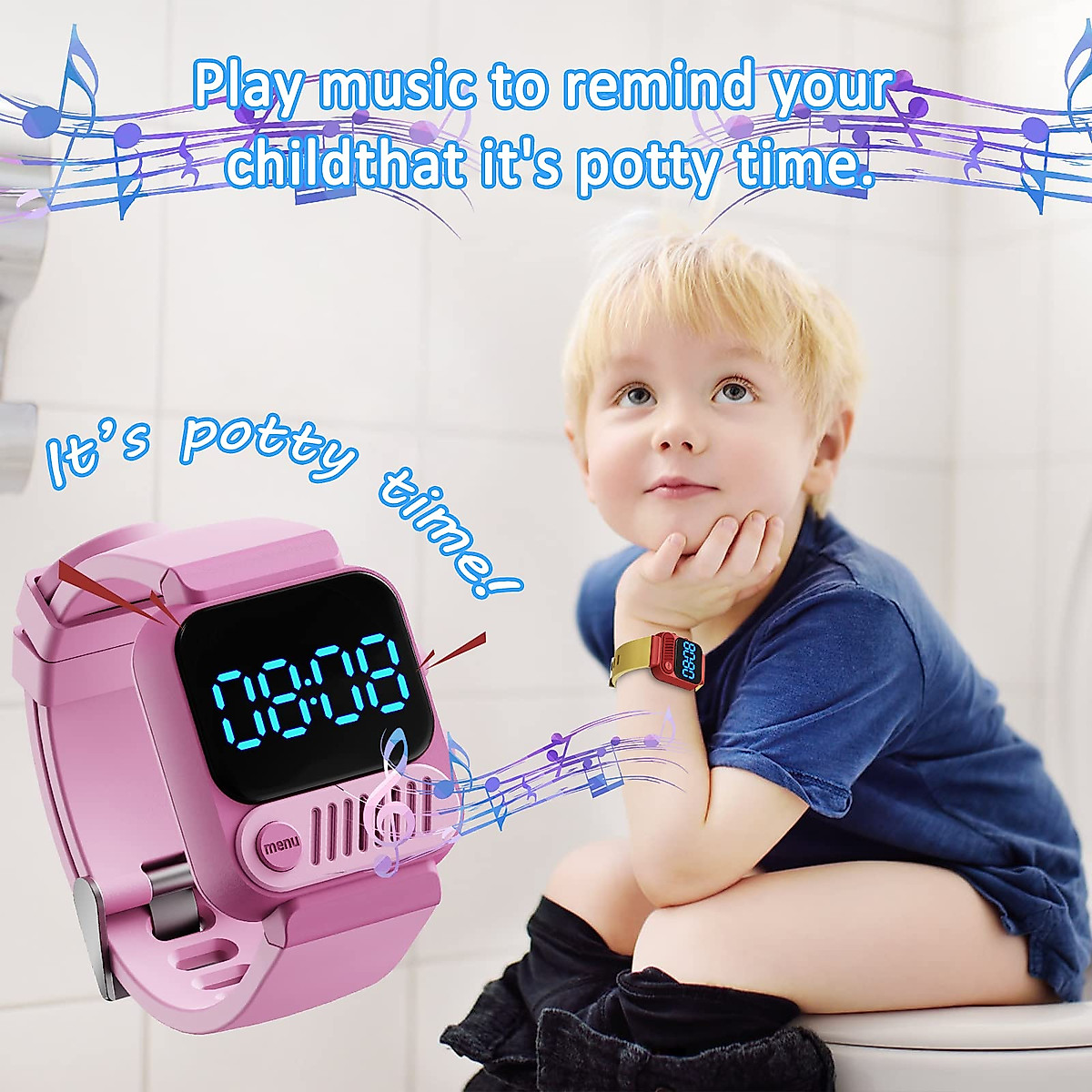 Potty Training Timer Watch for Boys and Girls,Kids Training Toilet Timer Watch,Waterproof,Rechargeable,Music Tones,Automatic Timers Plays Music,Alarm,Baby and Toddler Potty Train Toilet Time Aid,Pink