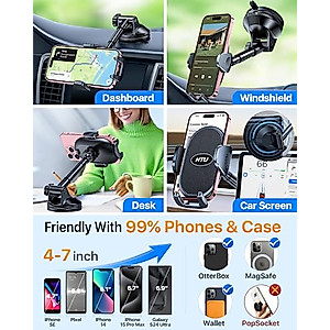 【Military-Grade Stable Suction】 Cell Phone Holder for Car,【Flexible Telescopic Arm】 360° Rotatable Stand Dashboard Windshield Cellphone Mount for iPhone 15 14 13 12 Samsung Smartphone Truck, Black