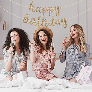 Pre-Strung Happy Birthday Banner - NO DIY - Gold Glitter Birthday Party Banner in Script - Pre-Strung Garland on 6 ft Strands - Gold Birthday Party Decorations & Decor. Did we mention no DIY?