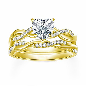 Heart Wedding Ring Set for Women 1-1/2 Carat(ctw) Moissanite Bridal Sets Wedding Rings Heart Sahped Twiseted Engagement Ring Set 925 Sterling Silver 10K 14K 18K Gold (Style 6)