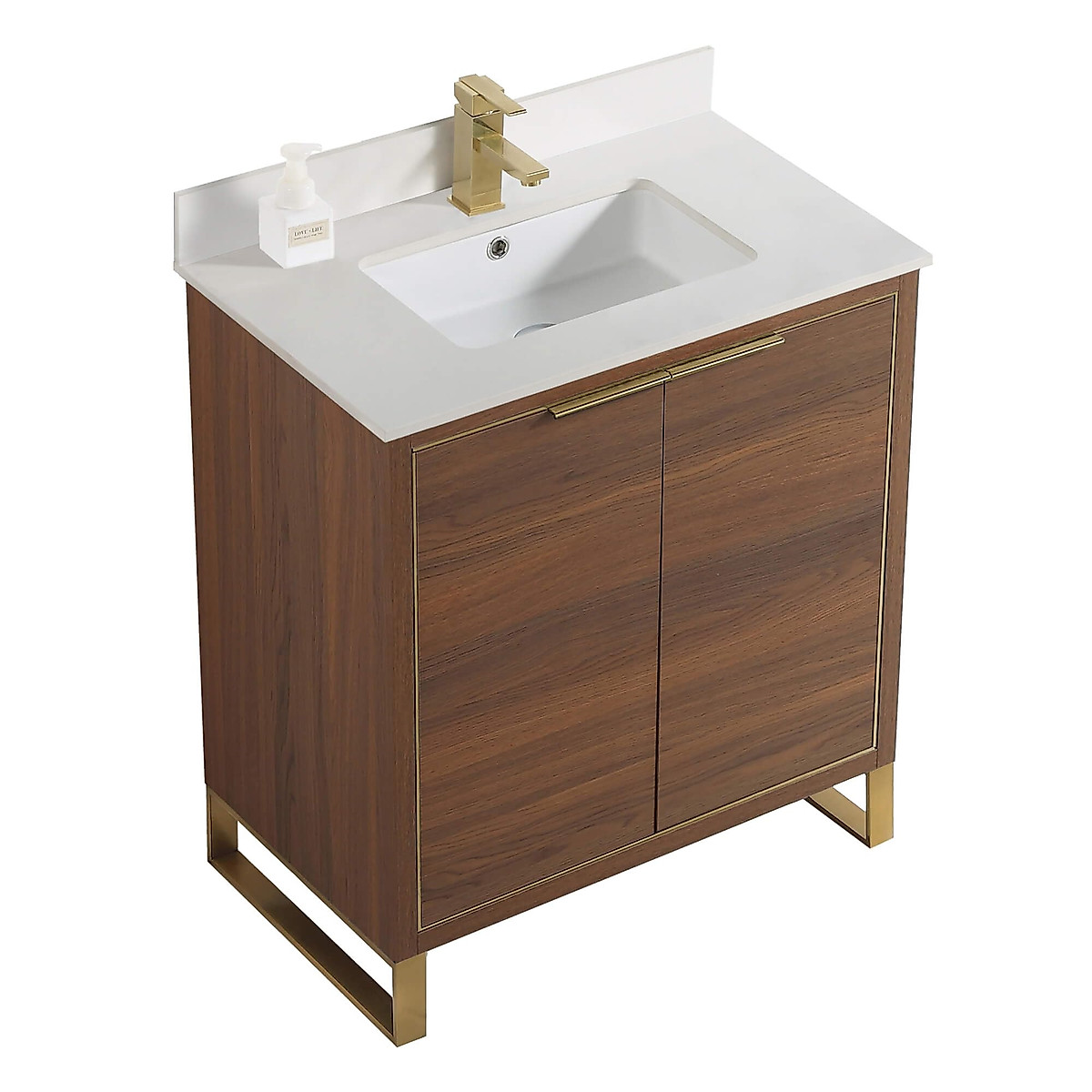 Fine Fixtures Opulence Collection 30 in. W x 18 in. D x 33 in. H Bathroom Vanity in Walnut Ebony with White Matte Sintered Stone Sink - Satin Brass Hardware