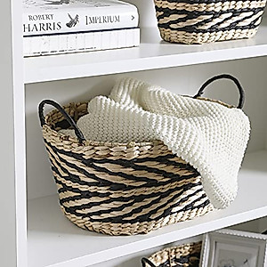 Motifeur Water Hyacinth and Paper Handwoven Basket (Assorted Set of 3, Beige and Black)
