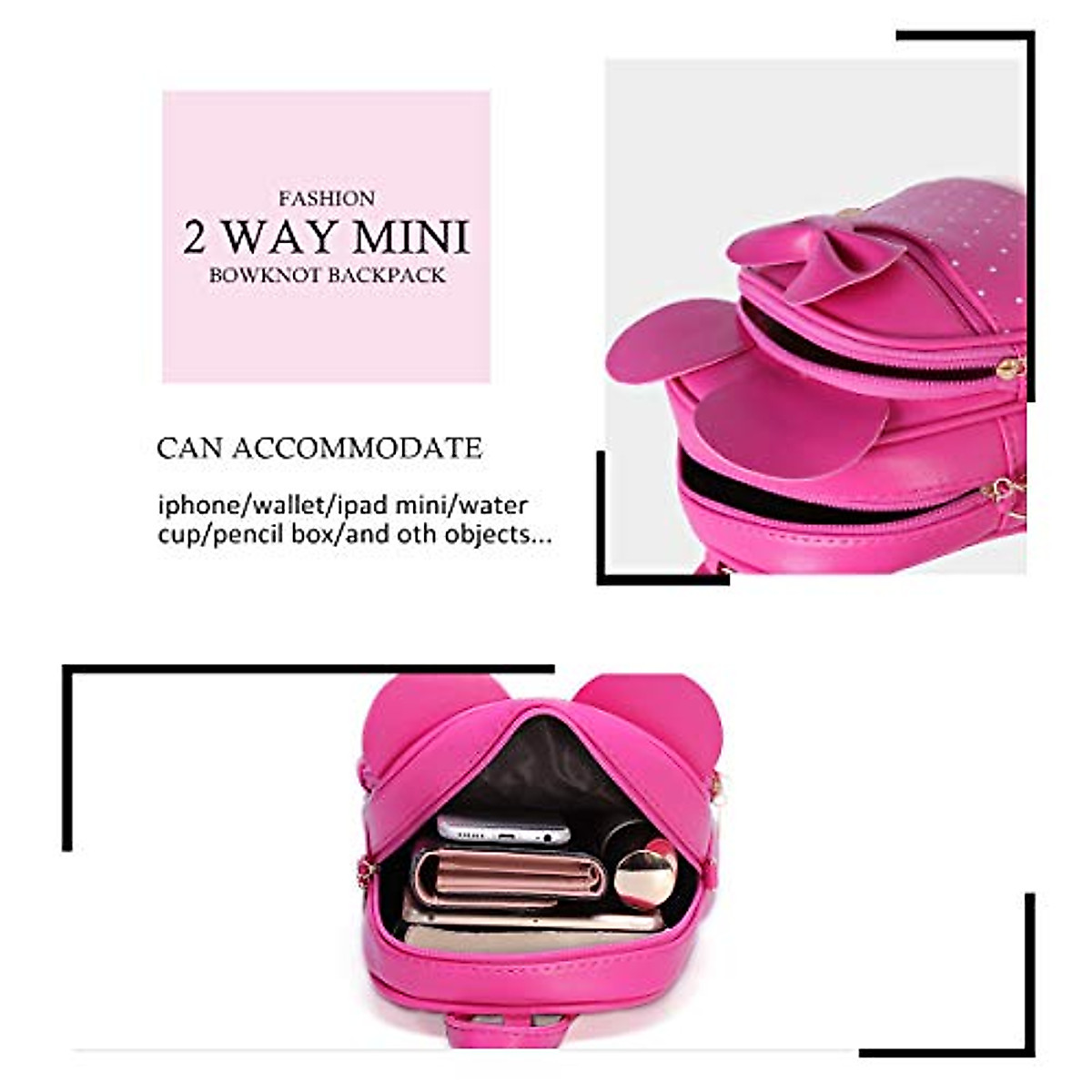 KL928 Girls Bowknot Polka Dot Cute Mini Backpack Small Daypacks Convertible Shoulder Bag Purse for Women (Fuchsia)