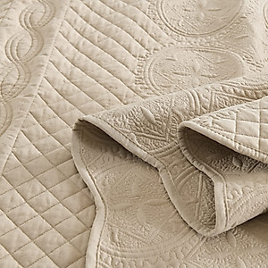 mixinni Quilt Set King Size Khaki 3 Piece Embossed Solid Color Coverlet Set Lightweight Bed Quilted Set Bedspread for All Season 1 Quilt +2 Matching Pillow Shams-(King, Khaki)
