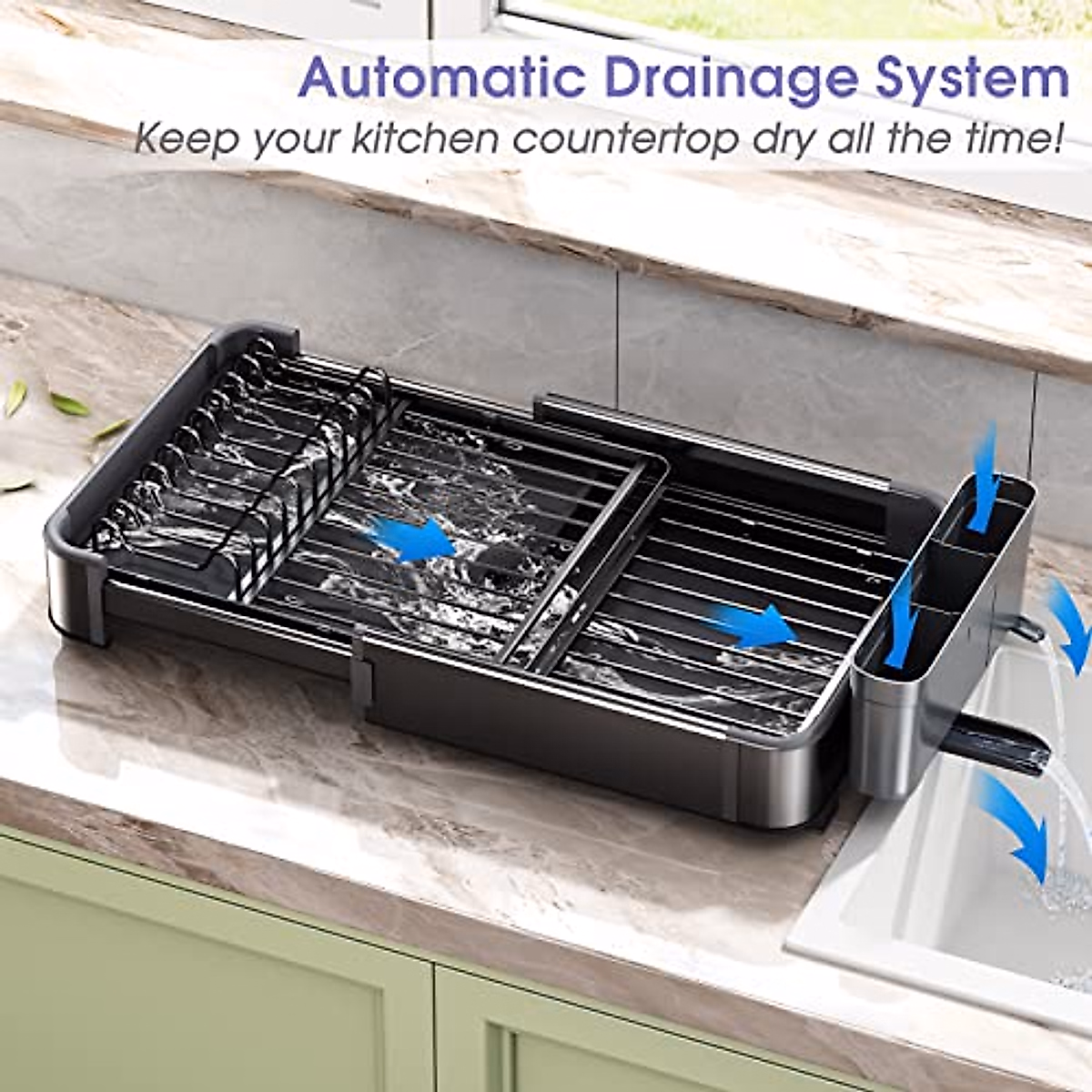 Aluminium Dish Drying Rack, Expandable(14.9"-22.2") Dish Racks for Kitchen Counter with Drying Mat, Rustproof Large Dish Drainers and Drainboard Set with Cutlery & Cup Holders for Various Kitchenware